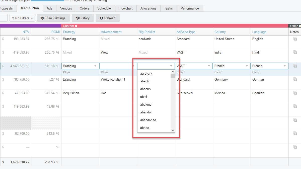 Faster Media Planning Filters, Picklists, Deletes, Exports